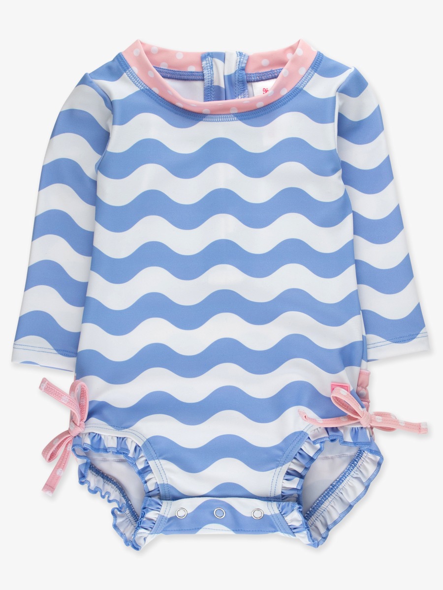 Periwinkle Blue Wavy Stripe Long Sleeve One Piece Rash Guard Swimsuit ...