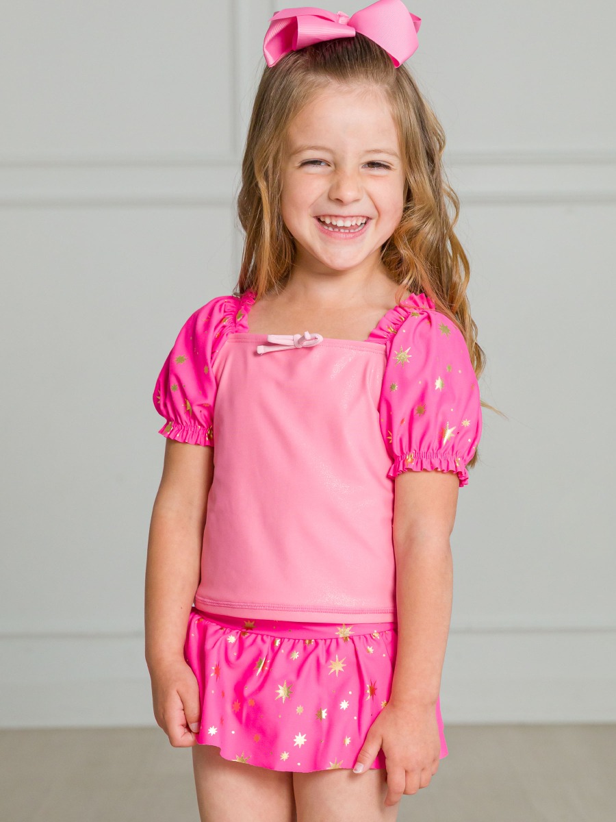 Royal Pink Princess Puffed Sleeve Skirted 2-Piece Swimsuit
