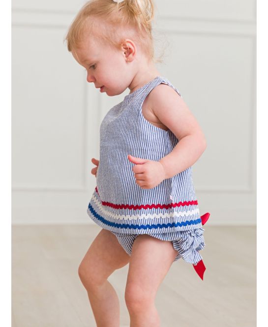 Americana Classic Blue Seersucker Ric Rac Swing Top and Bloomer Set