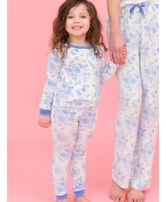 Periwinkle Blue Butterfly Garden Toile Ruffle Long Sleeve Pajama Set