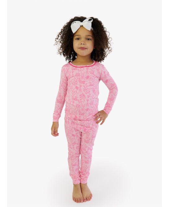 Pink Cottontail Toile Ruffle Long Sleeve Pajama Set, Modal Blend