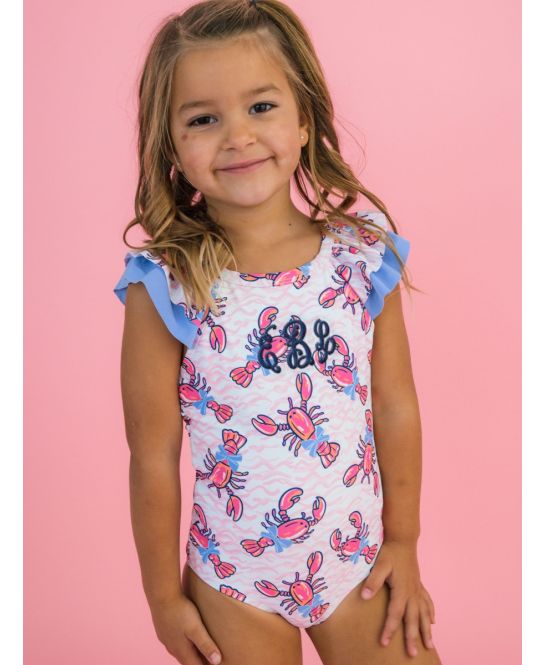 Pink Lobster Lagoon Bow V-Back One Piece Swimsuit