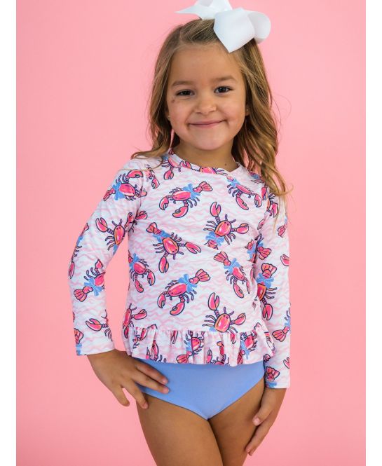 Pink Lobster Lagoon Long Sleeve Rash Guard 2-Piece Swimsuit, with ...