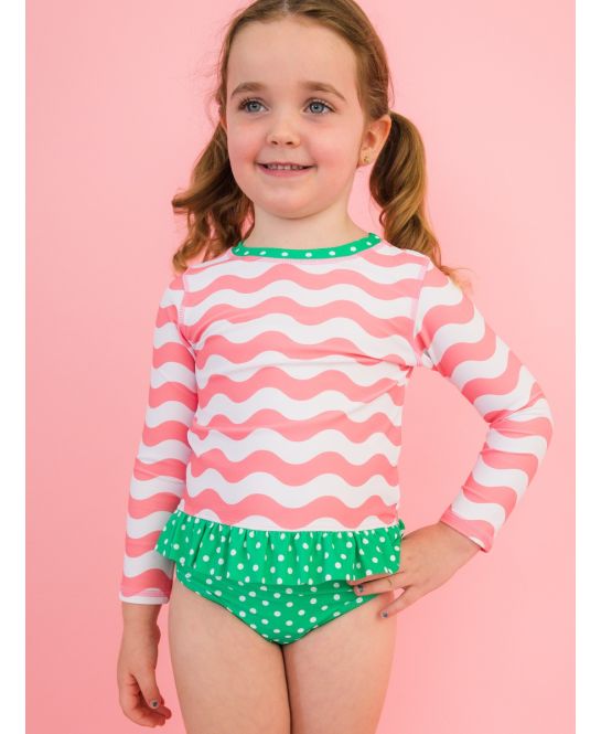 Bubblegum Pink Wavy Stripe Long Sleeve Rash Guard 2-Piece Swimsuit ...