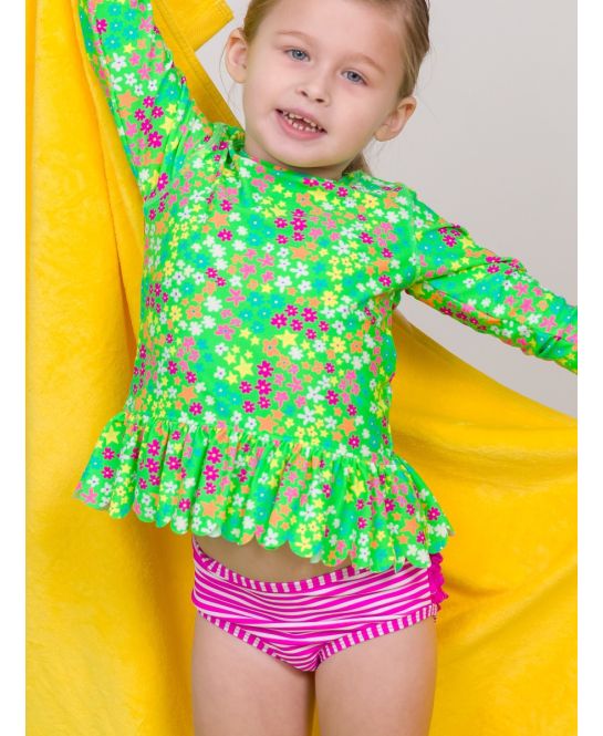 Neon Floral Scallop Hem Long Sleeve Rash Guard Bikini