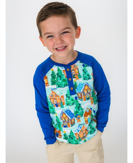 Blue Jolly Gingerbread Long Sleeve Raglan Henley Tee
