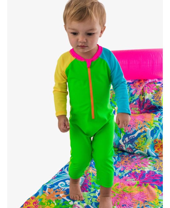 Neon Color Block Full Length Long Sleeve Rash Guard One Piece Swimsuit