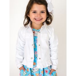 White Stretch Denim Ruffle Jacket
