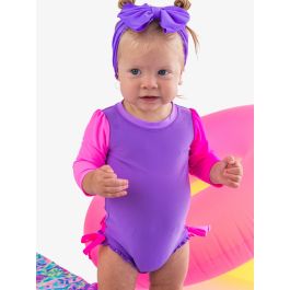 Neon Purple Color Block Long Sleeve One Piece Rash Guard Swimsuit, with ...