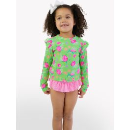 Neon Turtle Tide Flutter Long Sleeve Rash Guard Skirted 2-Piece Swimsuit