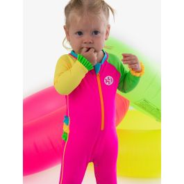 Neon Color Block Full Length Long Sleeve Rash Guard One Piece Swimsuit ...