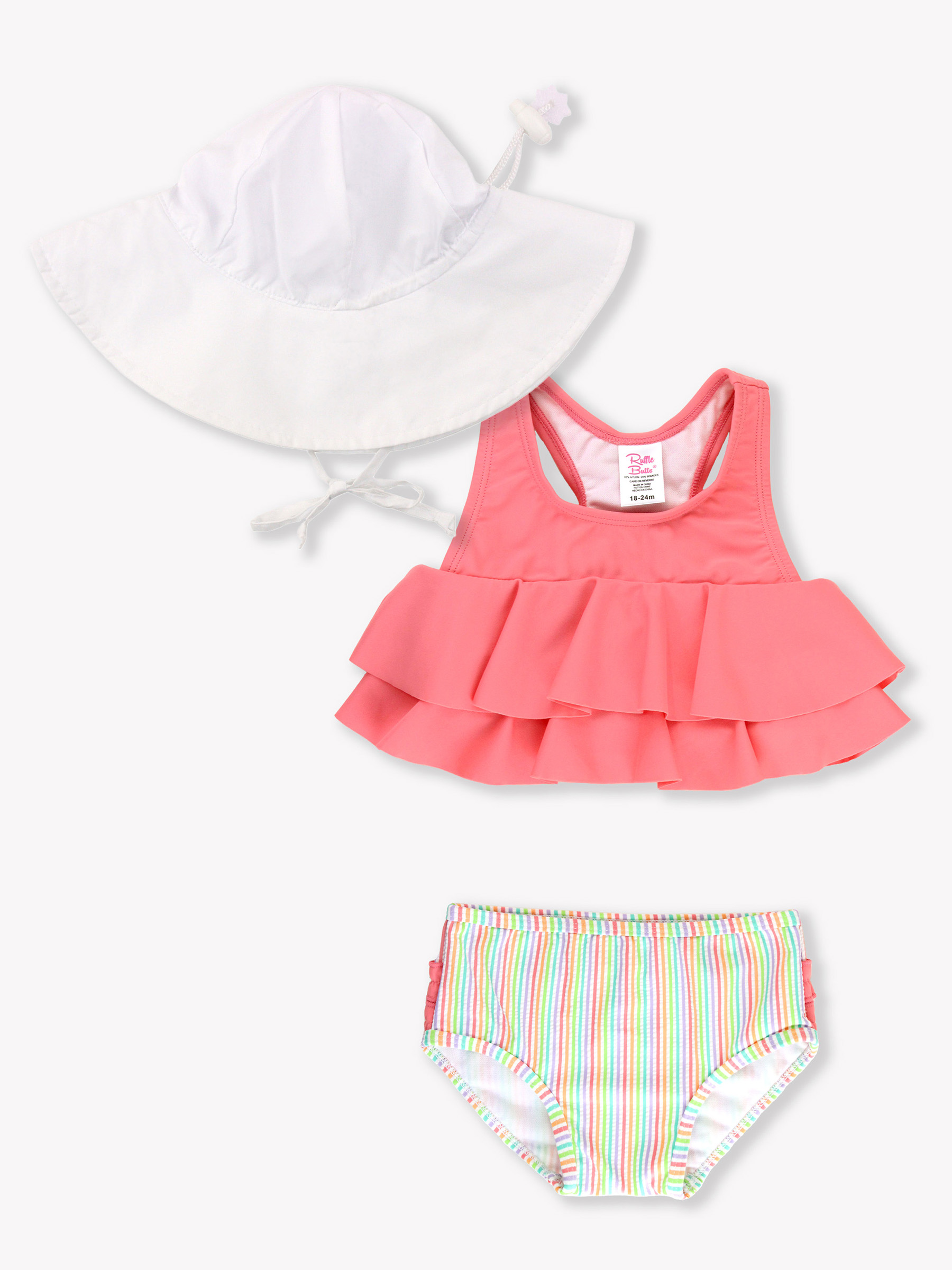 Rainbow Short Sleeve Flounce Bikini & White Sun Hat Set